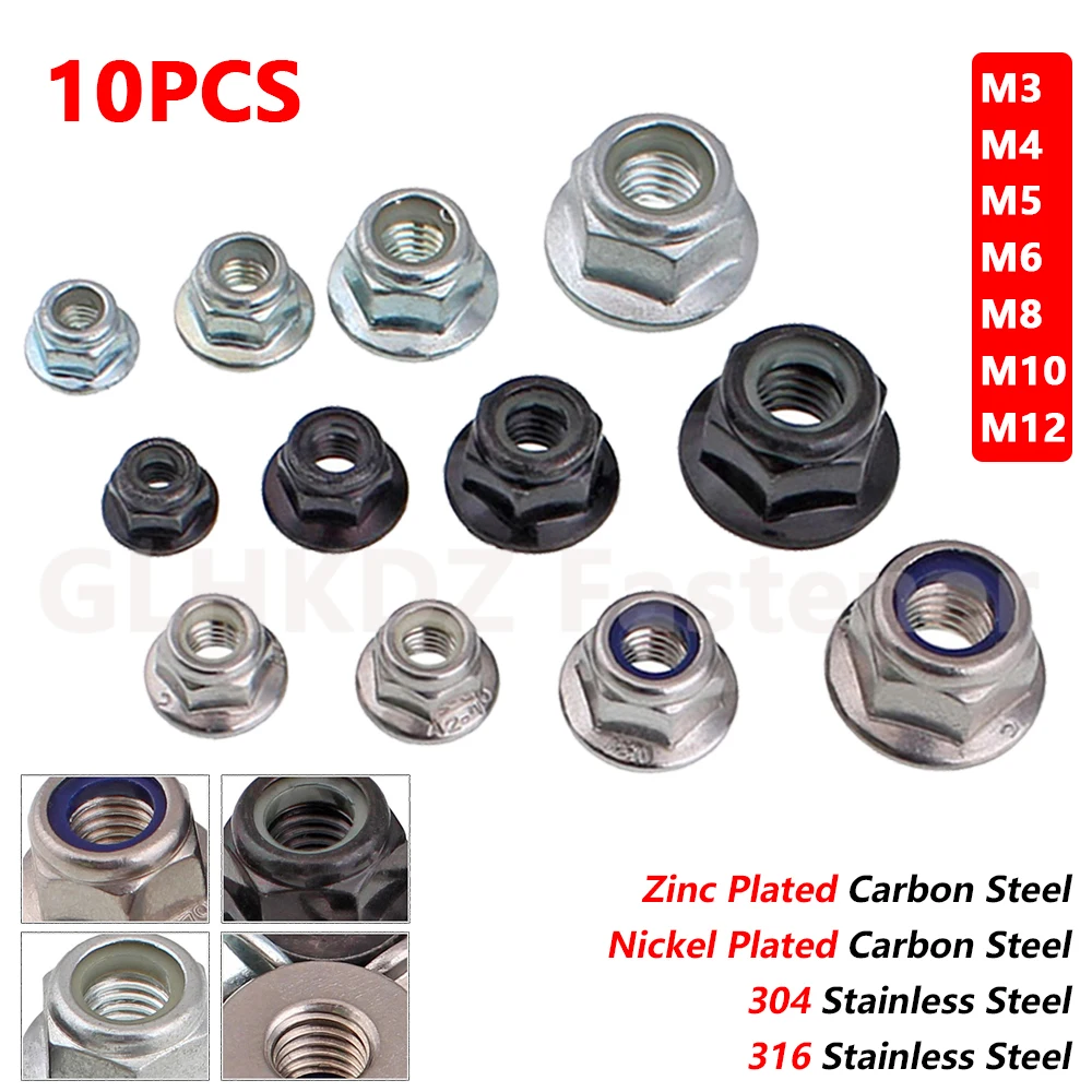 10pcs-M3-M4-M5-M6-M8-M10-M12-Flanged-Hex-Nyloc-Lock-Nut-Nylon-Insert ...