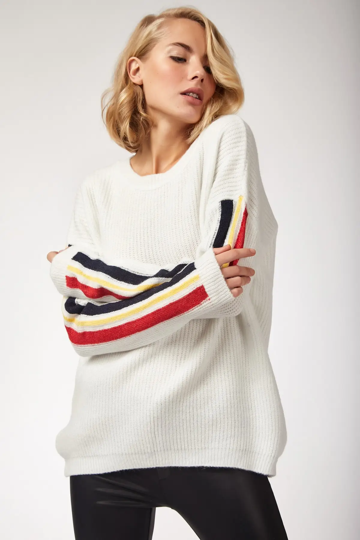 ความสุข ist. ผู้หญิงสีดำ Contrast Stripe เสื้อกันหนาว DD00315 ...