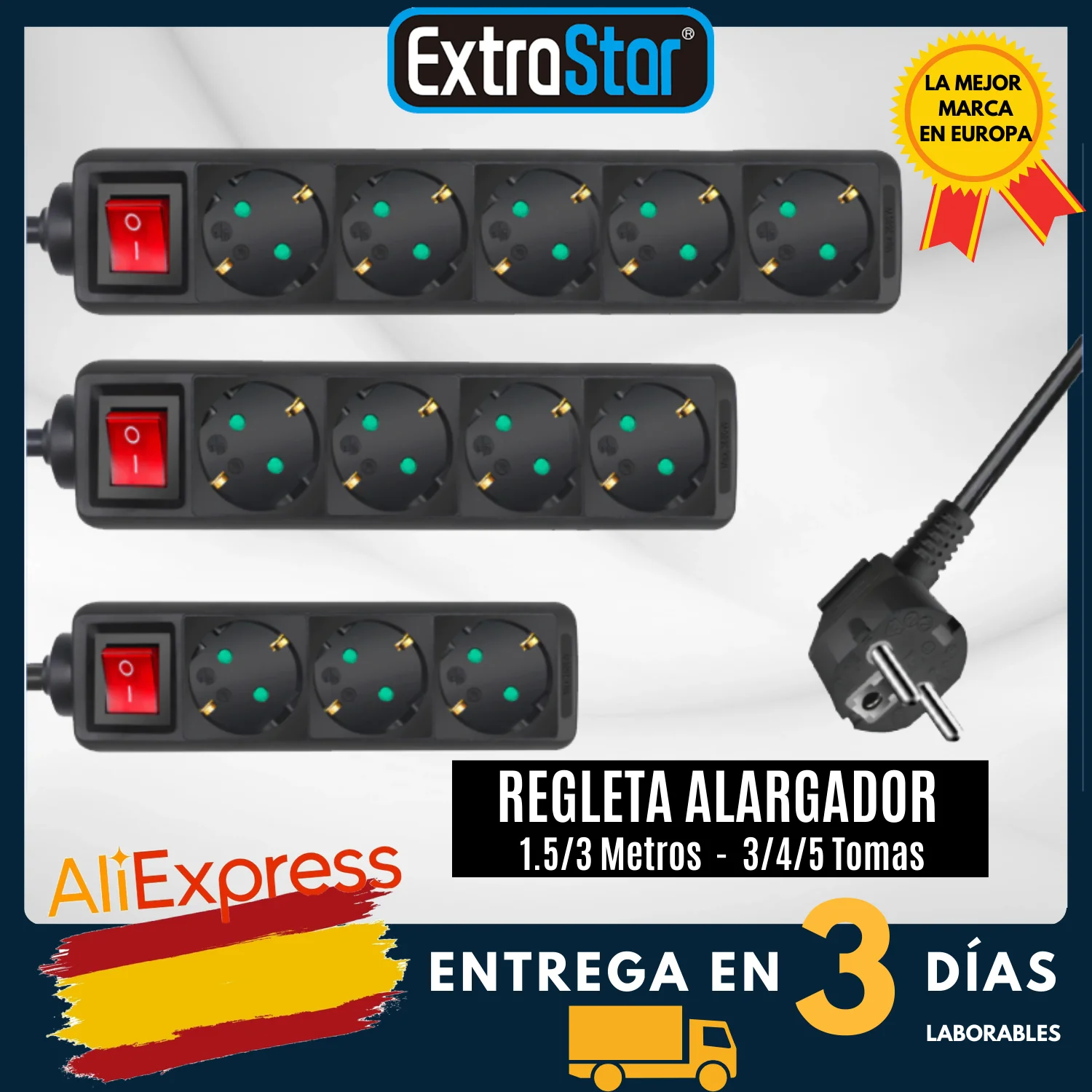 ExtraStar® Regleta Alargador Negro 1.5/3 metros con Enchufes e ...