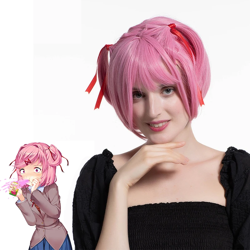 Doki Doki Literature Club Natsuki Wig Anime Cosplay Pink Short Heat ...
