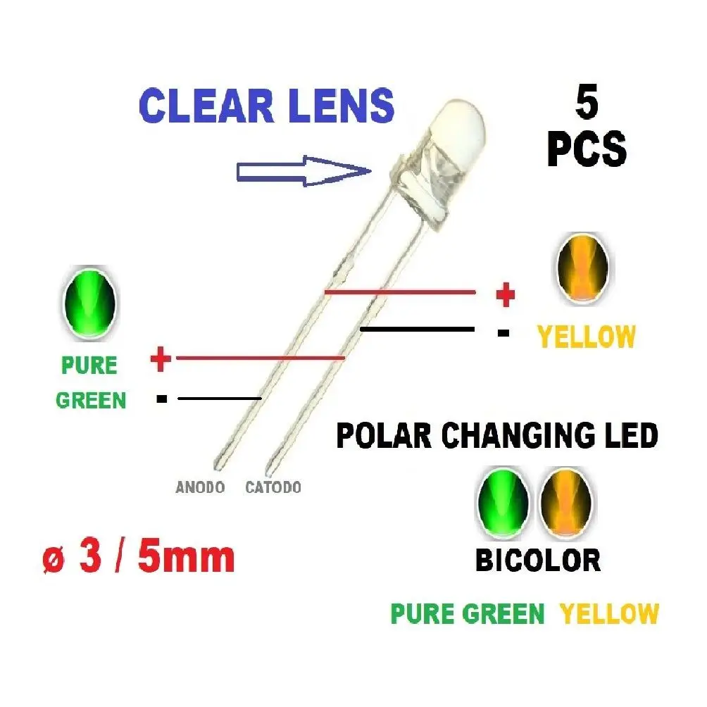 Bicolor diodo led no polar, verde/amarillo, 2 pines, cambiante polar ...