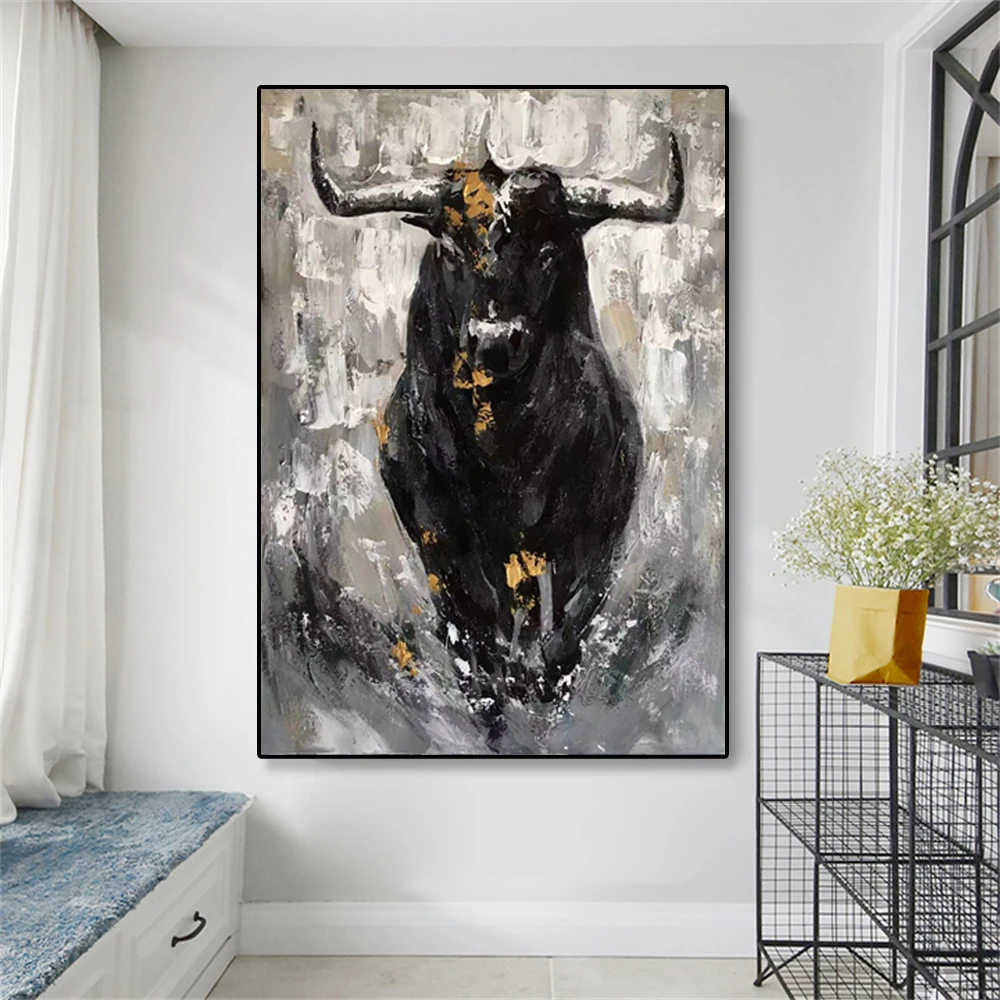 Large-Abstract-Art-Canvas-Painting-Textured-OX-Artwork-Bull-Print-Wall ...