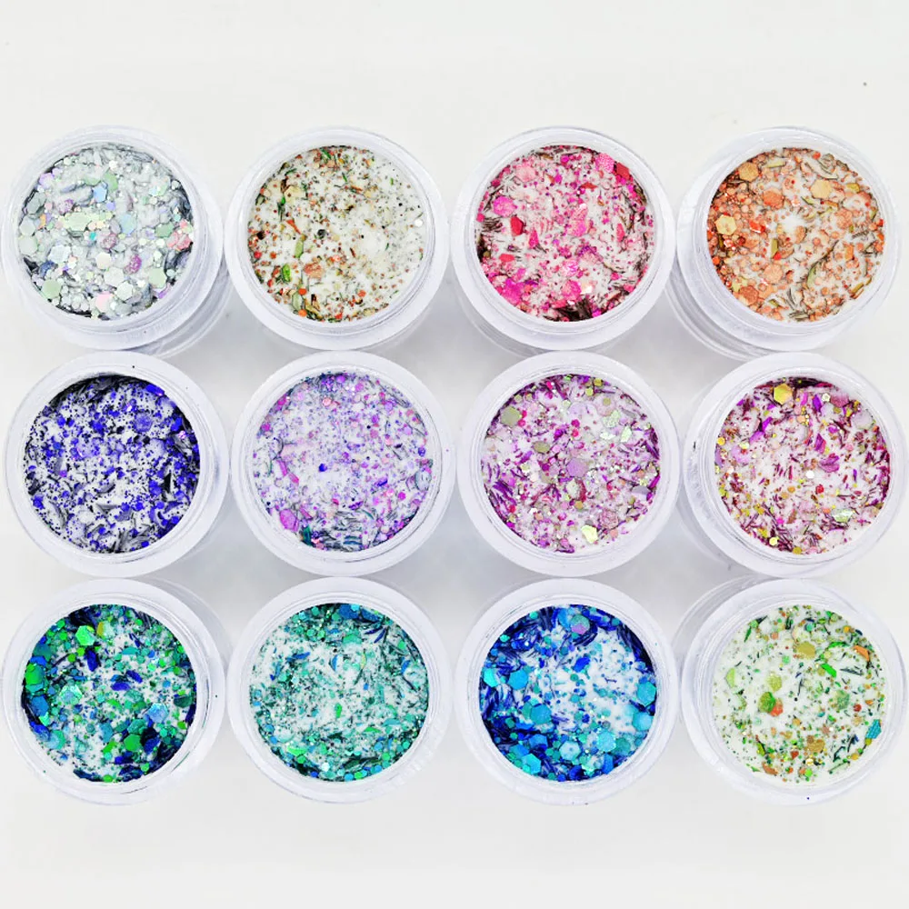 12Bottles/Set 3 in 1 Acrylic Glitter Powder Nail Art Dipping Extention ...