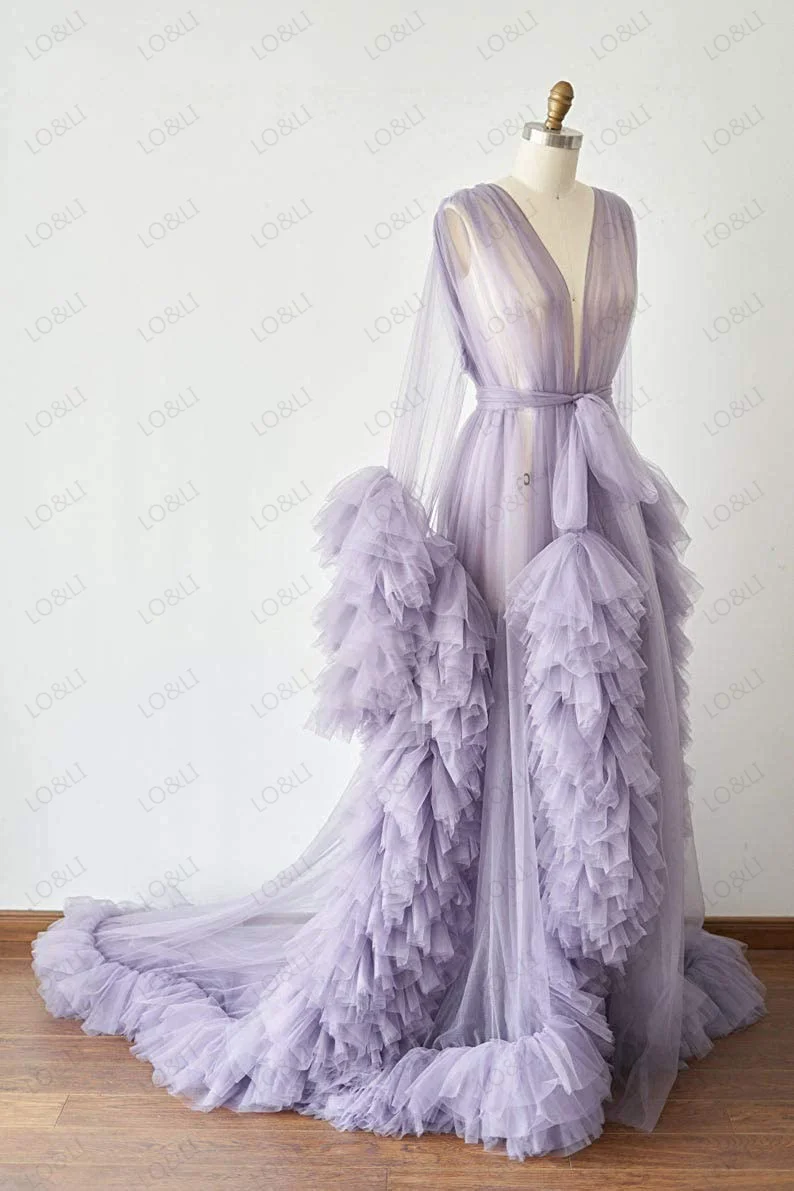 Light-purple-Long-Sleeve-Evening-Dresses-2021-V-neck-Tulle-Ruffles ...