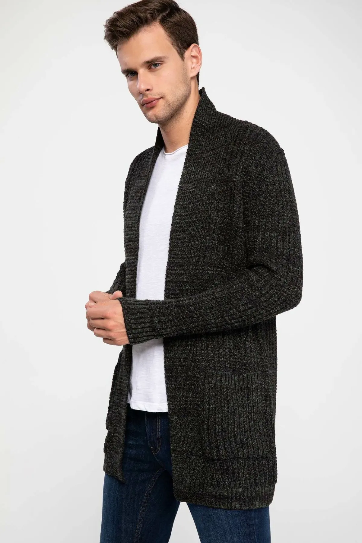 DeFacto Fashion Lapel Man Knitted Cardigan For Men's Long Sleeves ...
