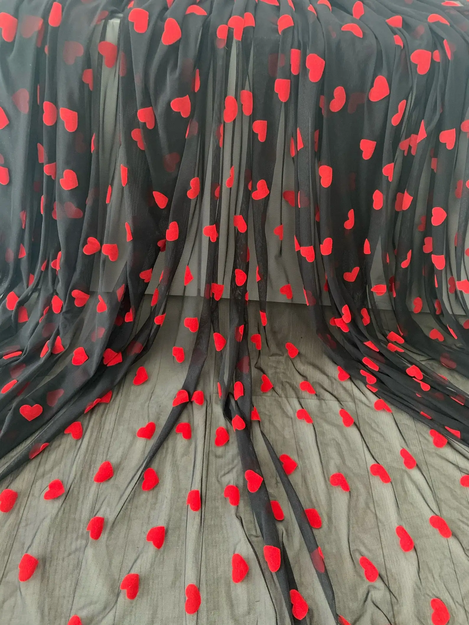 Black-Stretch-Tulle-Fabric-With-Red-Velvet-Hearts-Power-Mesh-Fabric ...