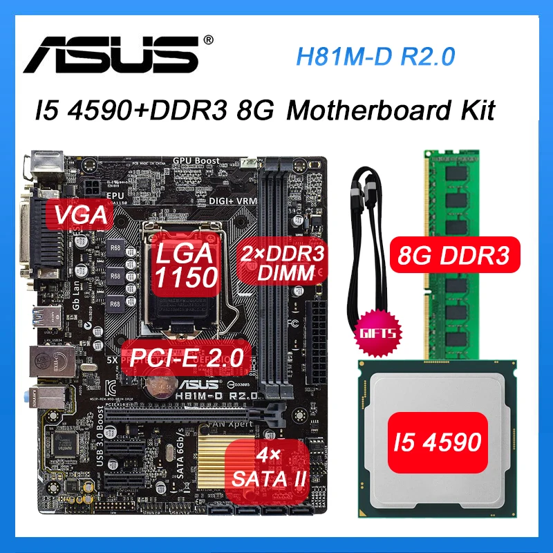 Asus H81M D r2.0 lga 1150 placas mãe kit com intel core i5 4590 cpus e ddr3 dimm 8g intel ...