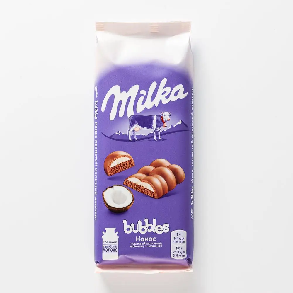 Шоколад Milka Bubbles, молочный, пористый, с кокосовой начинкой, 97 г ...