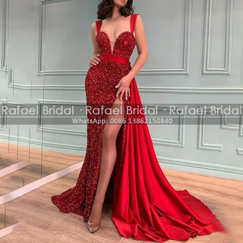 Bling Sequined Prom Dresses With Streamer High Split Spaghetti Straps ...