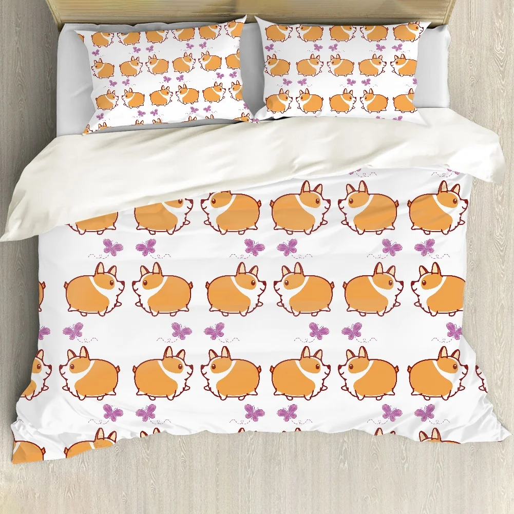Cute-Corgi-Cartoon-Animal-Duvet-Cover-Bed-Sheet-Pillow-Three-Piece ...