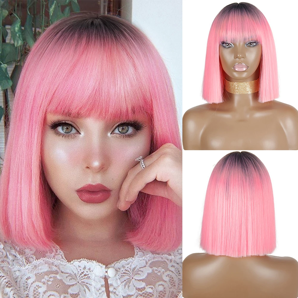 Azqueen Short Bob Straight Wig With Bangs For Women Synthetic Bob Wigs ...