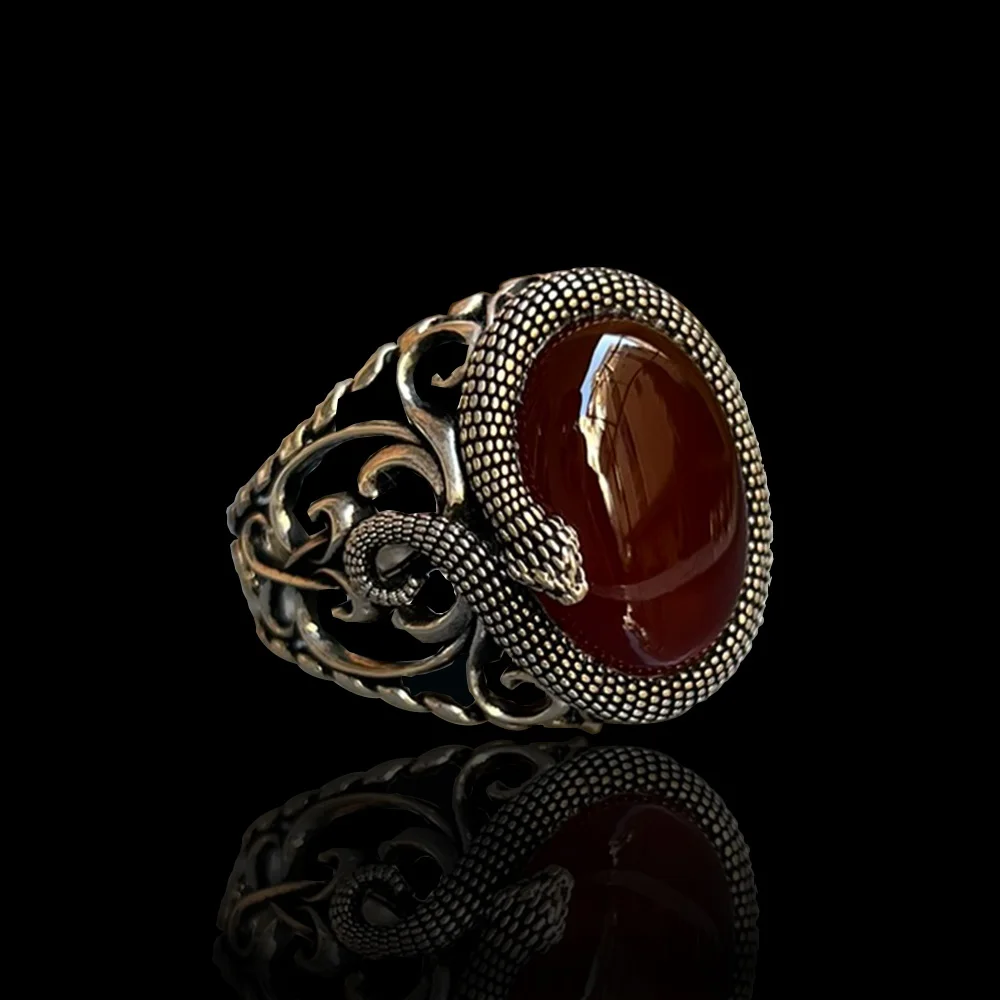 Turkish-Handmade-Sterling-Silver-Jewelry-Snake-Pattern-Red-Agate-Men-s ...