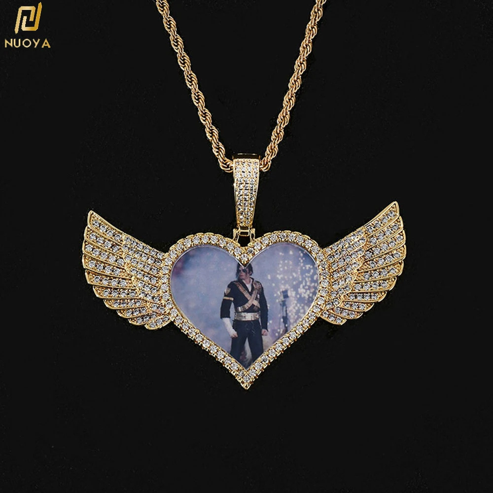 Custom Photo Hip Hop Pendant Necklace Iced Out Bling Angel Wings Heart ...