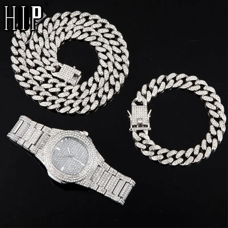 Necklace-Watch-Bracelet-Hip-Hop-Miami-Curb-Cuban-Chain-Silver-Color ...