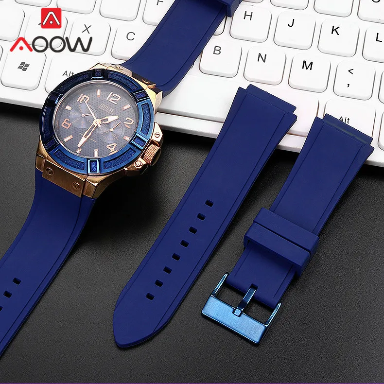 Silicone-Strap-Blue-Stainless-Steel-Buckle-Waterproof-Men-Replacement ...