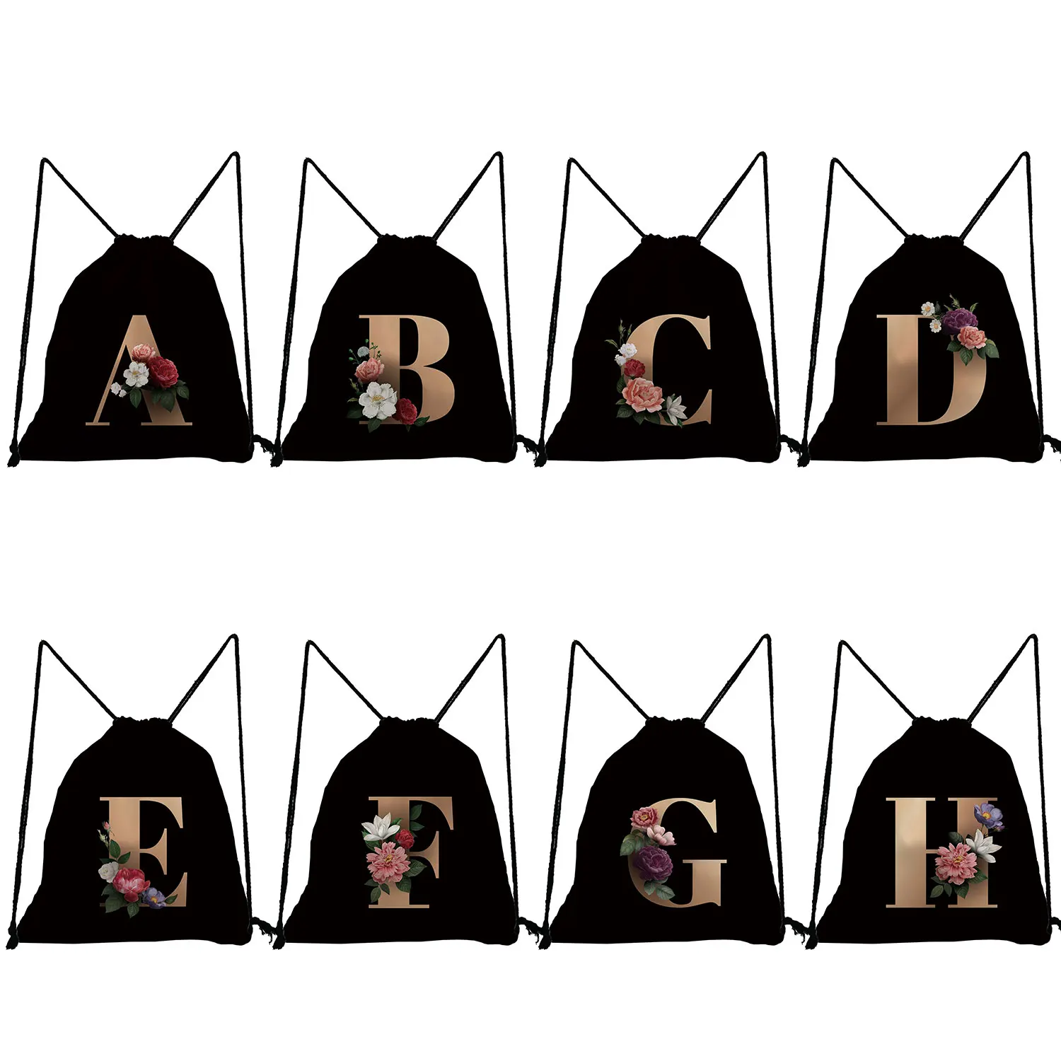 26 Initials Flower Drawstring Bags A-Z Letter Backpack Rope Women ...