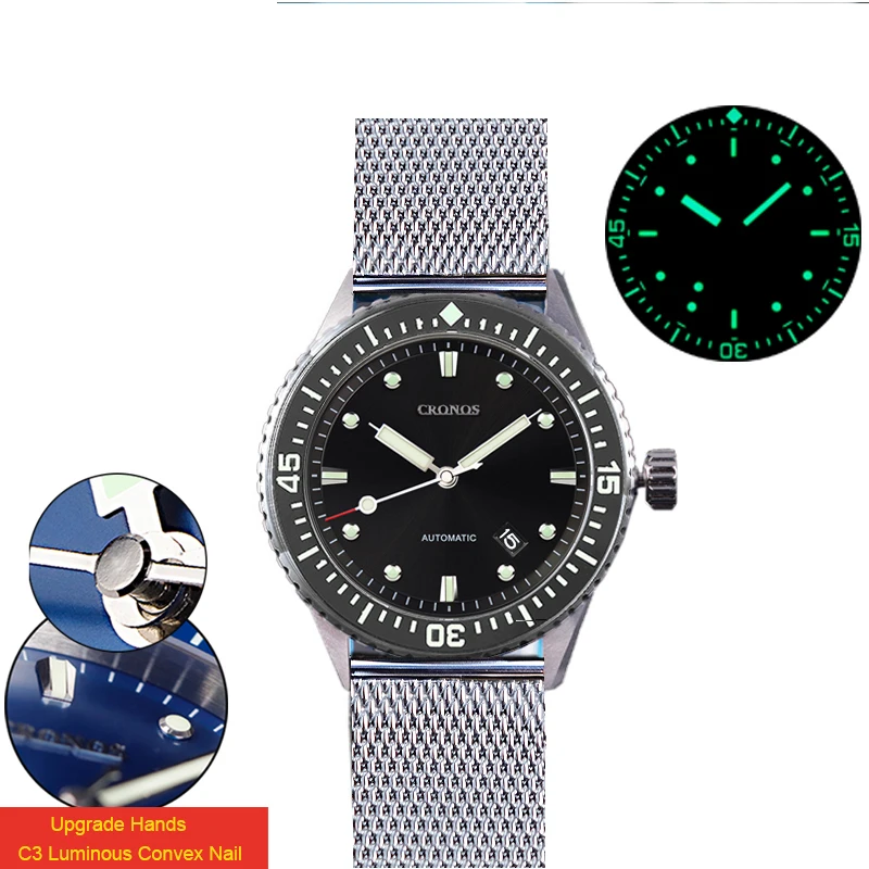 CRONOS Diver Watch Sunbrust Grey Dial Date NH35 Automatic Watch Men ...