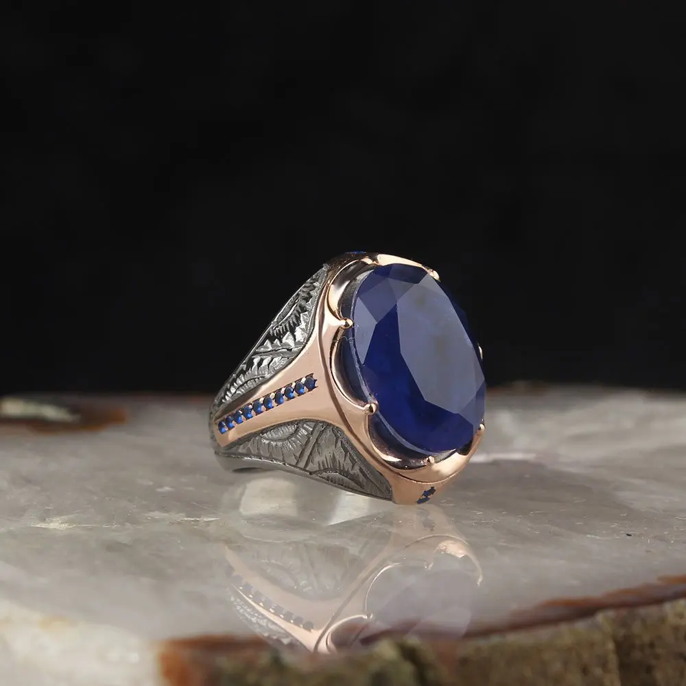 MEN 'S 925 Sterling Silver Ring, Lapping Finish, Aqua Marine Stone ...