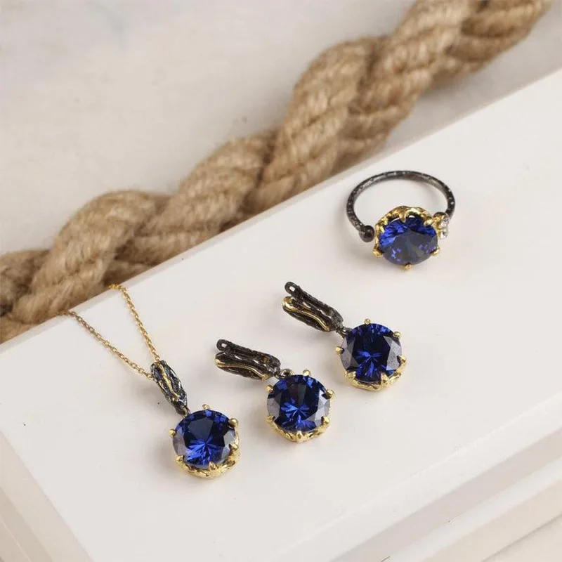 Round Shaped Blue Tanzanite Jewelry Set, Woman Silver Tanzanite Ring ...