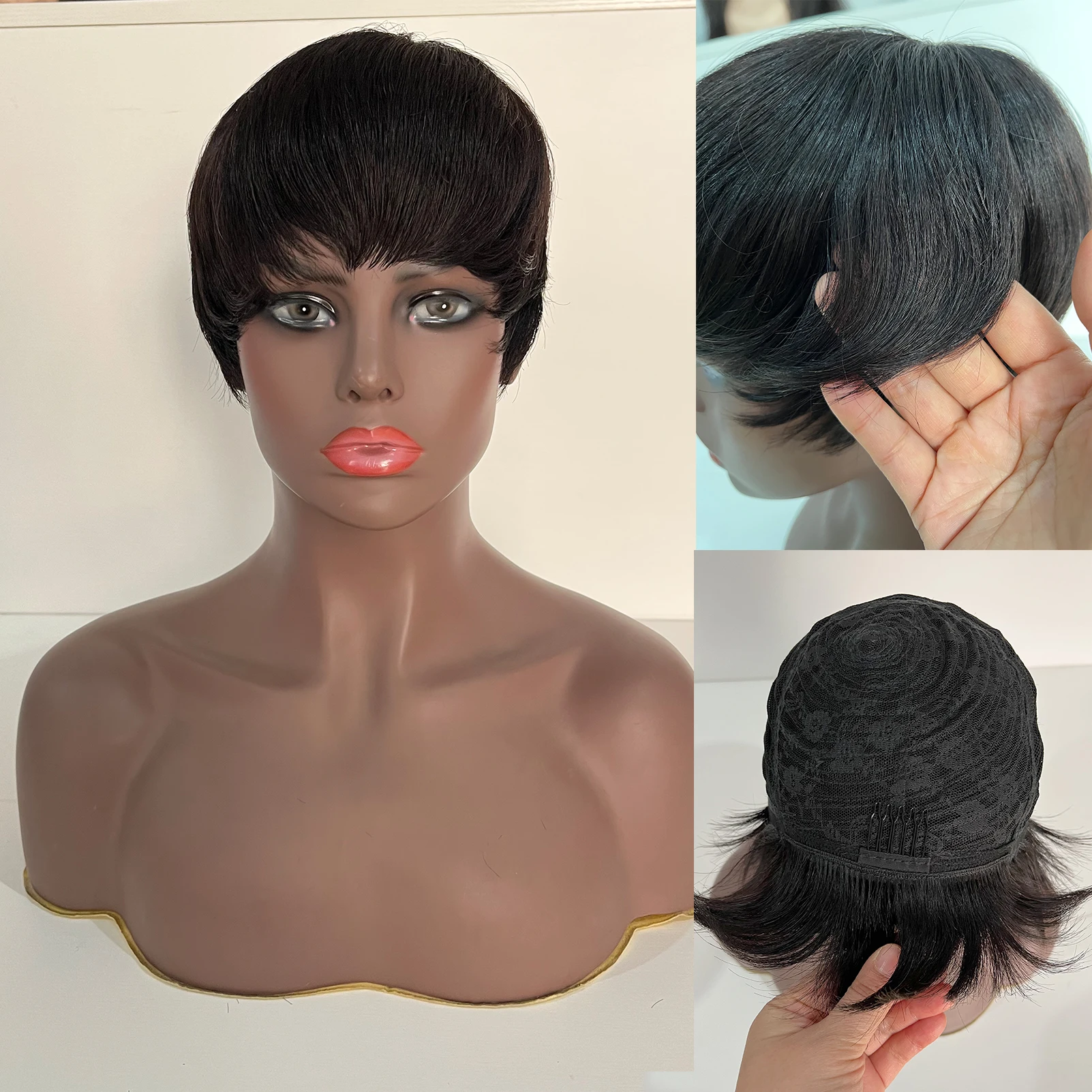 Burg - identique à l'image - Perruque Pixie Cut Wig Naturelle Brésilienne Remy, Cheveux Courts ...