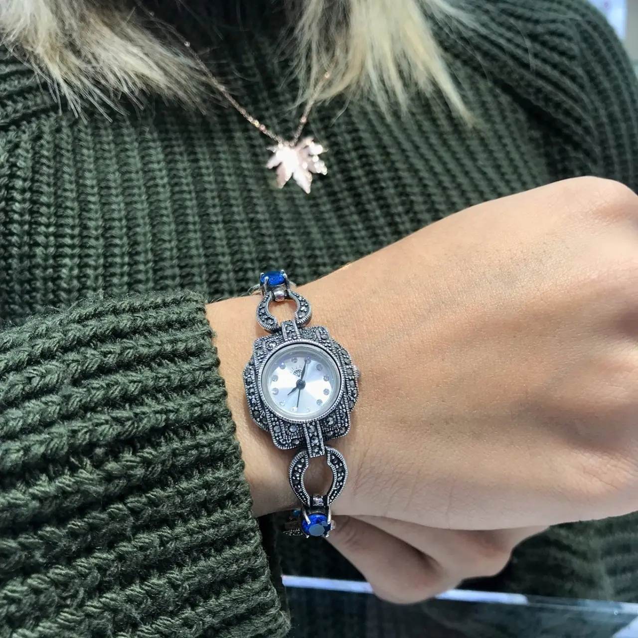 Marcasite Sapphire Stone Japanese Machine Silver Watch