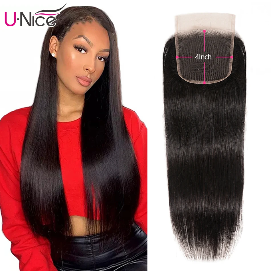 Unice Hair Peruvian Straight Hair Lace Closure Free& Middle Part 4x4 ...