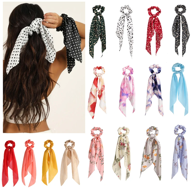 Fashion Floral Print Polka Dot Scrunchies Long Hair Ribbon For Women ...