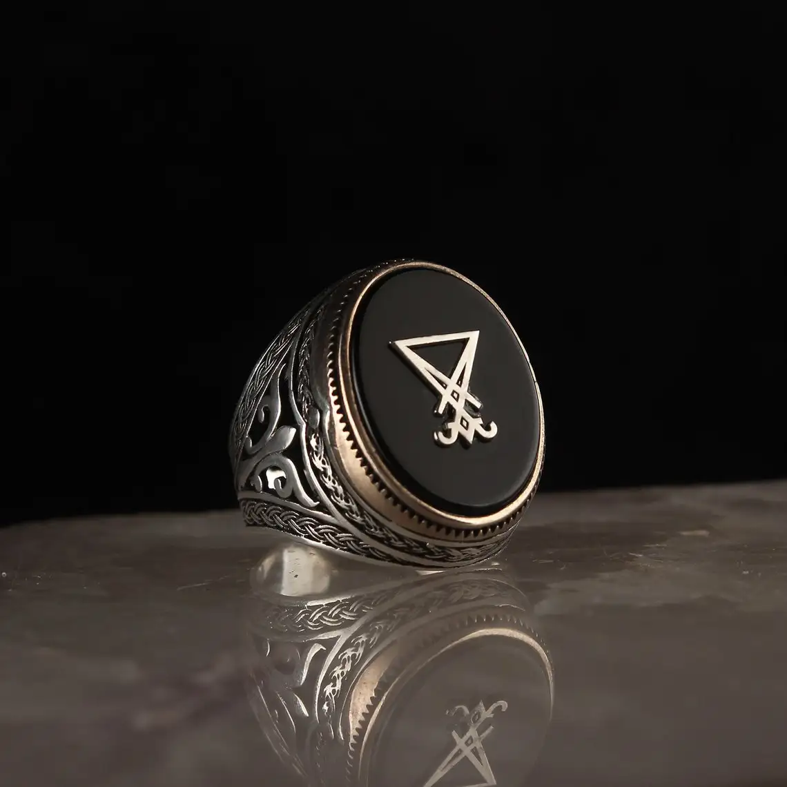 925 Sterling Silver Mens Ring Onyx Stone Sigil of Lucifer Devil Seal of ...