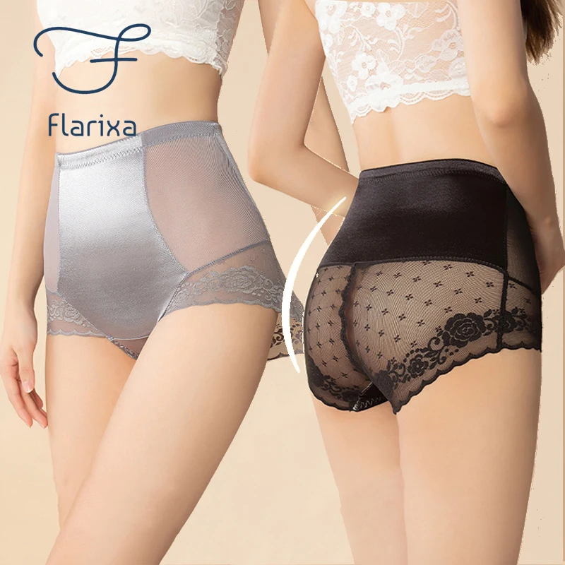 Flarixa 높은 허리 플랫 배꼽 팬티 통기성 레이스 여성 팬티 원활한 컴포트 팬티 섹시 할로우 투명 속옷