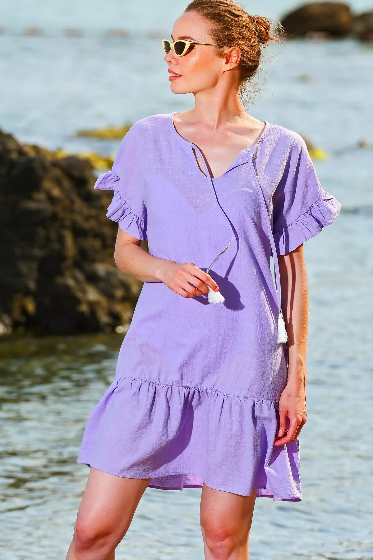 Trend Alacati Style Women Green Almond Green V Neck Skirt Flounces ...