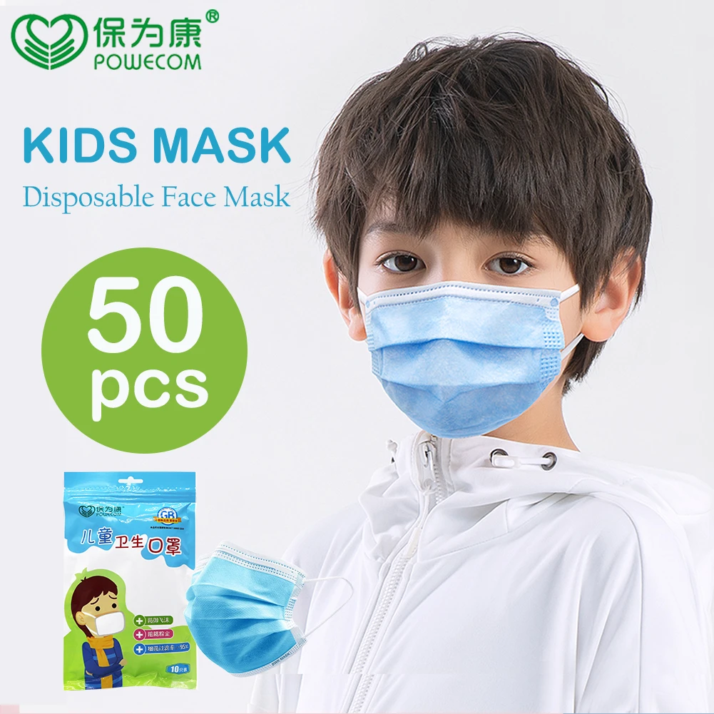 50Pcs POWECOM Children Mask Disposable Kids Face Mask Safety and Soft ...