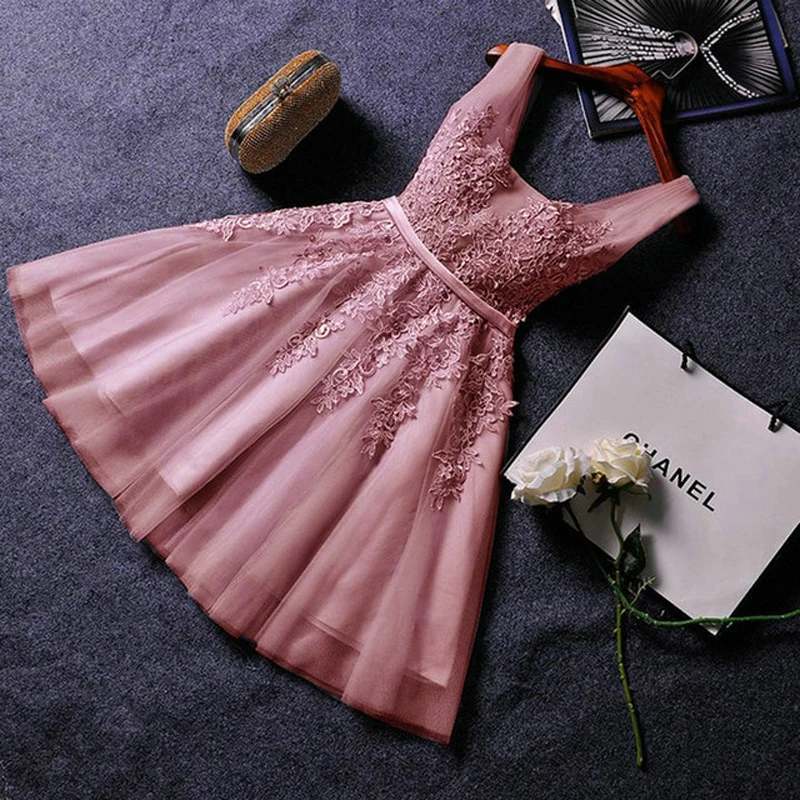Elegantes vestidos de baile rosa pérola, decote em V curto, apliques ...