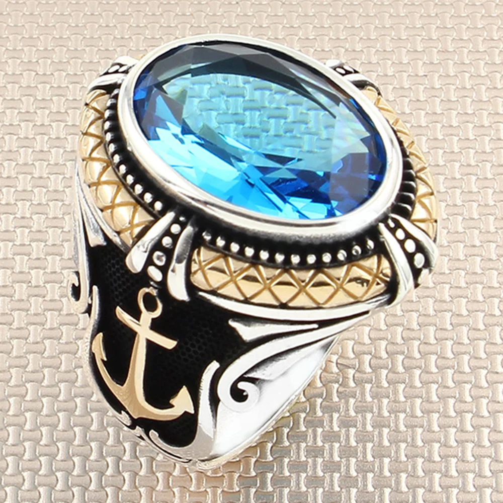 Anchor Sailor Ring For Men Natural Aquamarine Stone Pure 925 Sterling ...
