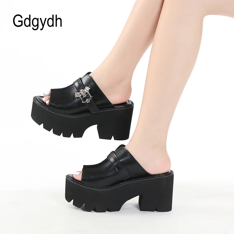 Gdgydh Goth Bat Buckle Mule Sandals for Women Open Toe Thick Platform ...