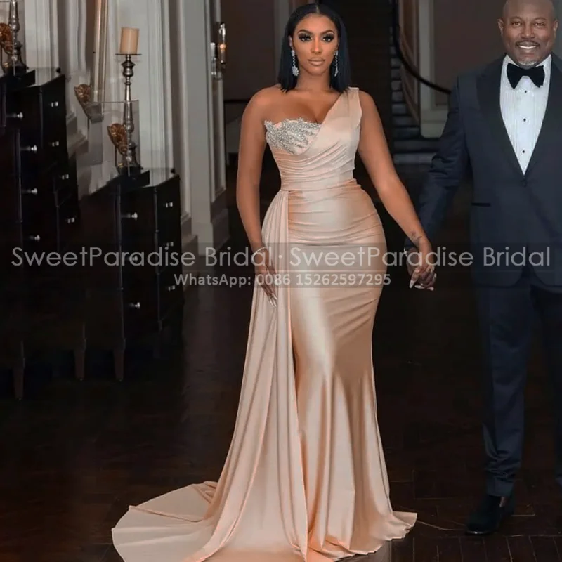 Dark-Champagne-One-Shoulder-Evening-Dresses-With-Streamer-Mermaid-Beads ...