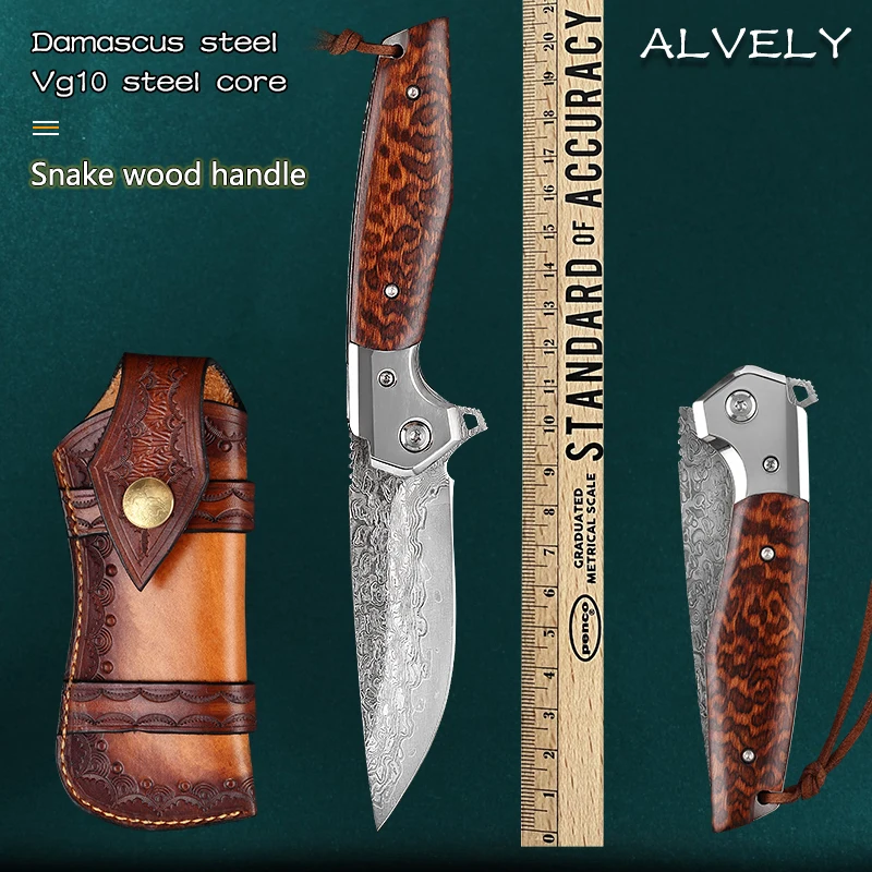 Damascus-folding-knife-snake-grain-wooden-handle-with-leather-case ...
