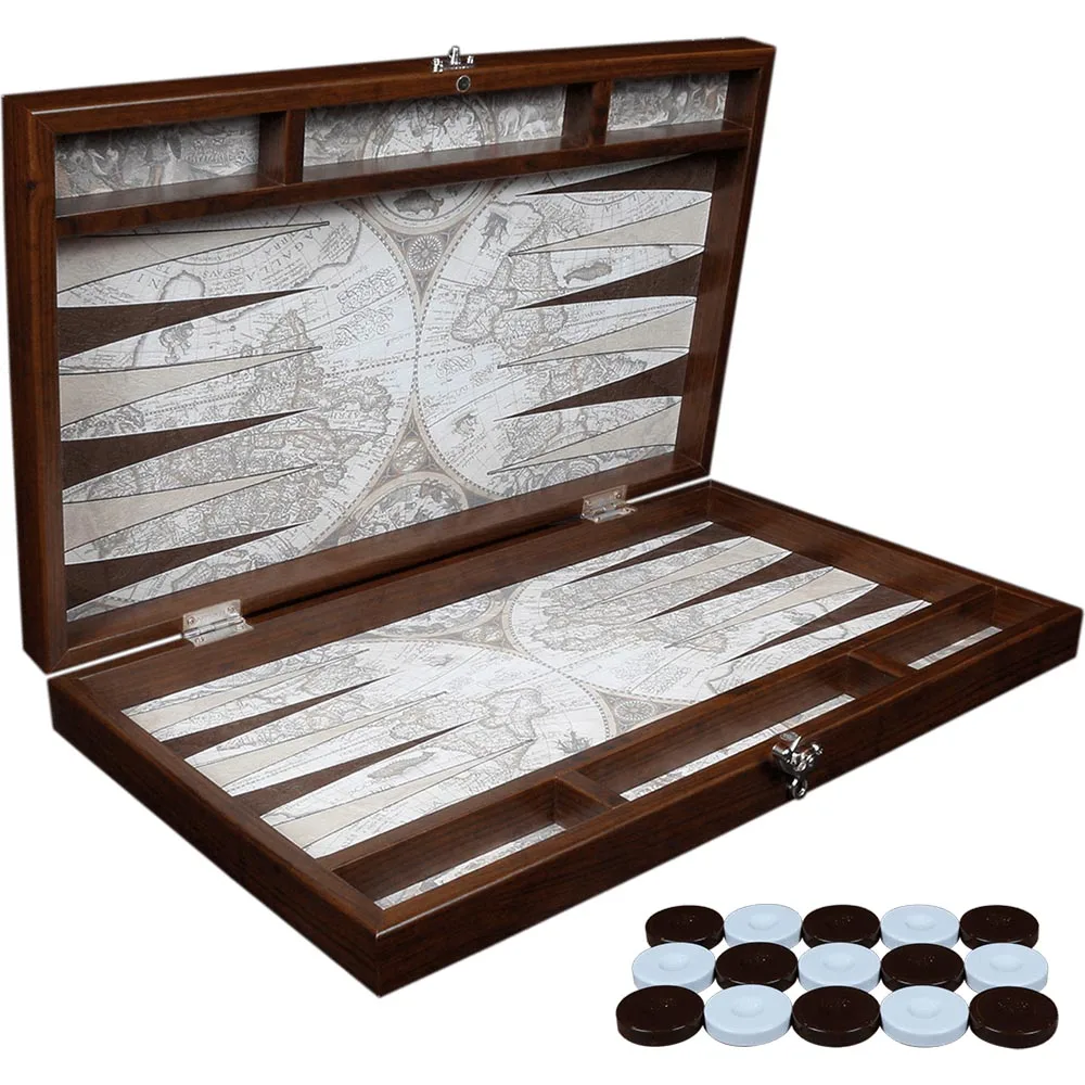 Antique Map Board Game Leather Backgammon Luxury Set Checkers With Chip ...