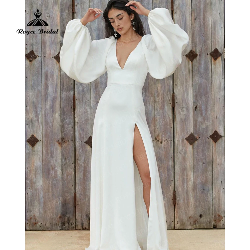 Simple-Elegant-Backless-Full-Sleeve-Satin-White-Wedding-Dresses ...