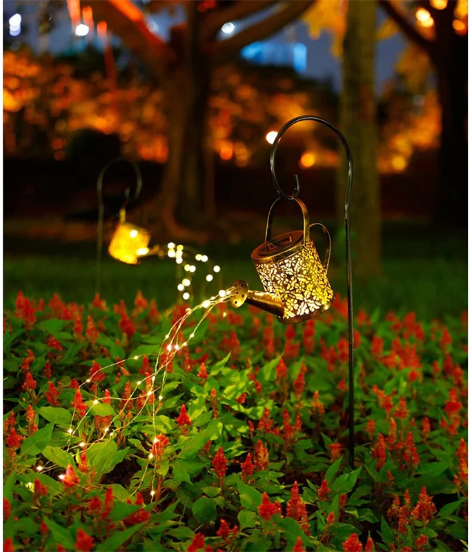 Solar LED Gardening Decor Lantern Watering Can Star Shower Art Lights ...