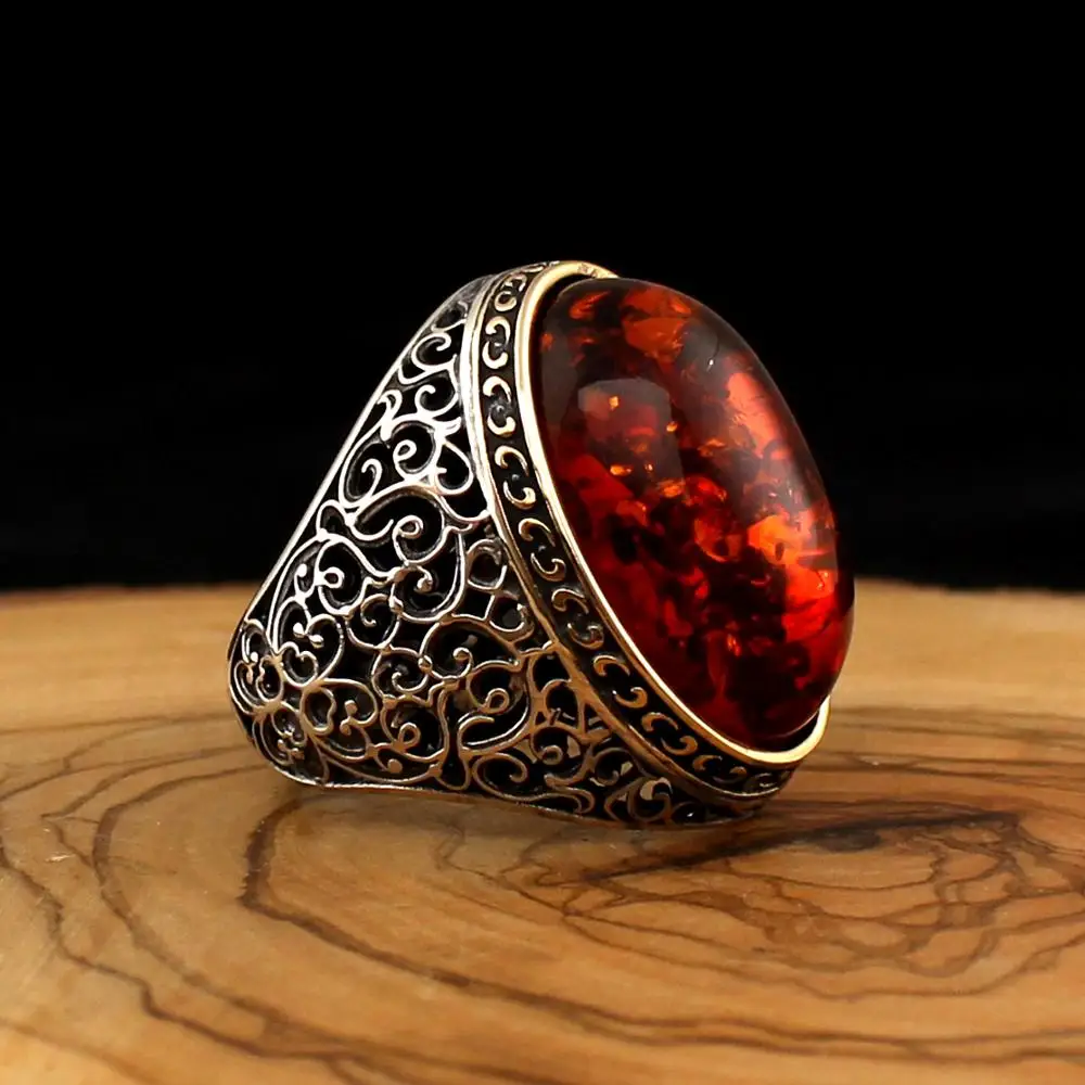 Real 925 Sterling Silver Ring For Men Natural Amber Dust Stone Jewelry ...