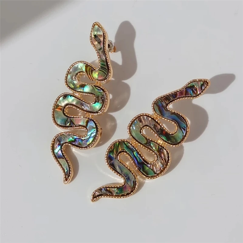 HUANZHI 2022 Vintage Leather Abalone Shell Snake Shaped Stud Earrings ...