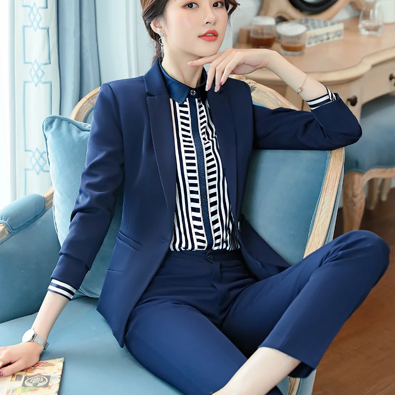 Lenshin 2 Piece Set Smooth Fabric Formal Pant Suit Blazer Office Lady