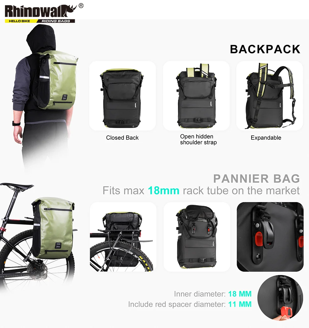 Rhinowalk Cycling Backback Bike Pannier Rack Bag Waterproof Green ...
