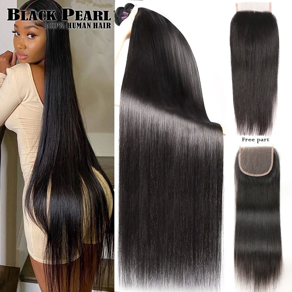 Black Pearl Straight Bundles With Closure Remy 30 Inch Human Hair 3 ...
