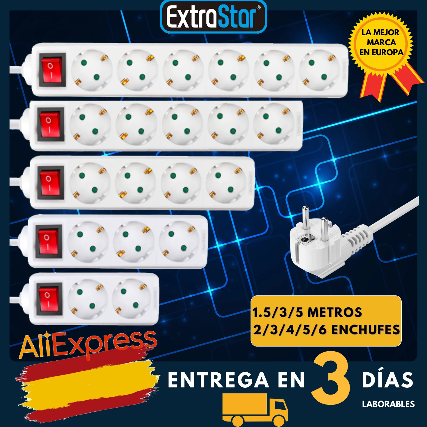 ExtraStar® Regleta alargador con 2/3/4/5/6 enchufes e interruptor ...