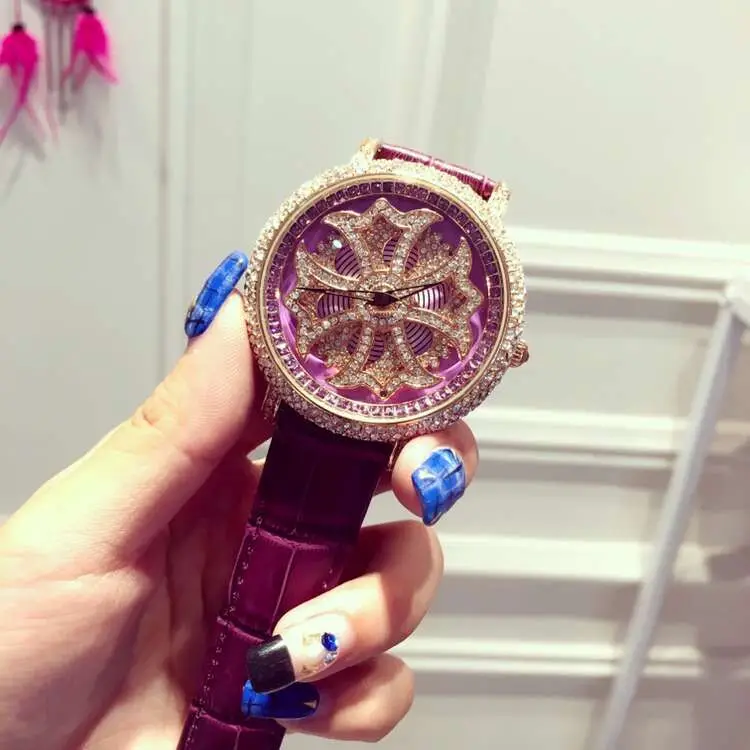 Top Luxury Women Purple Watches Lady Rotation Snowflake Dress Watch Big ...