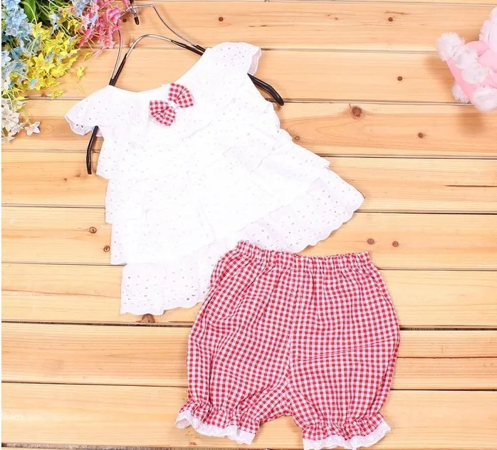 Cotton Blended Baby Girls 2 PCS Sets Tops&Shorts Clothes Hollow Out ...