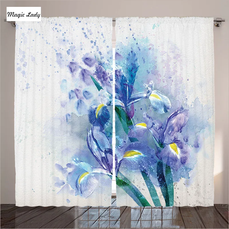 Print Curtains Living Room Blue Violet Watercolor Flower Decor