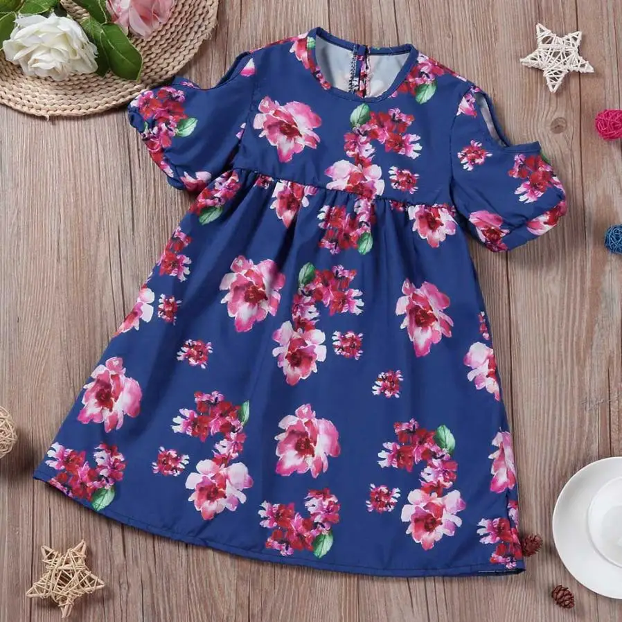 2017 Hot Selling 1 5Y Lovely Girls print Blue Dress High Waist Girl ...