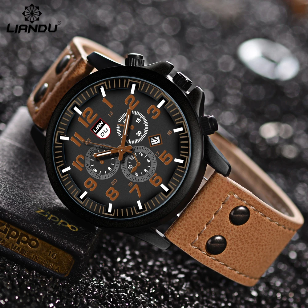 LIANDU Sports Mens Watches Military Army Leather Waterproof 30M Date ...